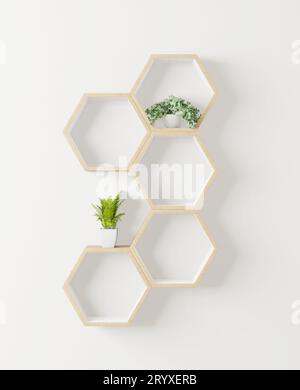 Home interior with hexagon shelves on white wall background Stock Photo ...