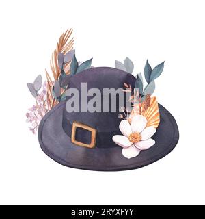 Watercolor realistic pilgrim black hat and leaves. Hand-drawn ...
