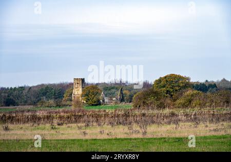 View of Babingley Saint Felix derelict Norman church in autumn, Norfolk ...