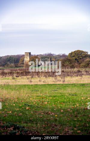 View of Babingley Saint Felix derelict Norman church in autumn, Norfolk ...