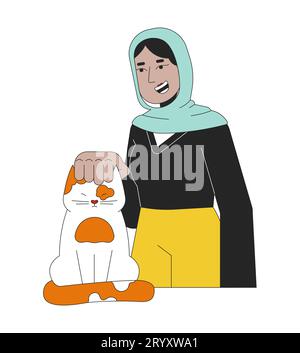 Muslim hijab woman petting cat head black and white 2D line cartoon ...