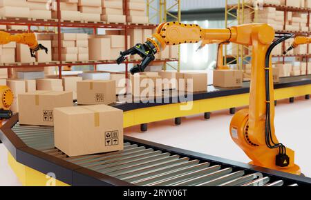 Industrial robot arm grabbing the cardboard box on roller conveyor rack with storage warehouse ...
