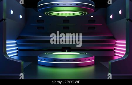 Neon, blue and pink podium background with abstract wavy cloth, folded ...