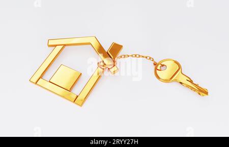 Gold key chain with golden modern house shape key holder on white ...
