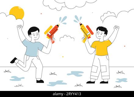 Boy and girl playing with water guns, funny fight of young people ...