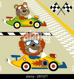Funny lion driving racing car on racing track, vector cartoon ...