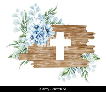 Floral cross. Wooden cross with blue flowers, fern, eucalyptus twigs ...