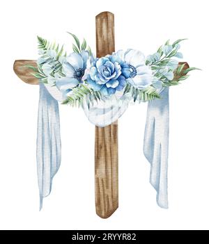 Floral cross. Wooden cross with blue flowers, fern, eucalyptus twigs ...
