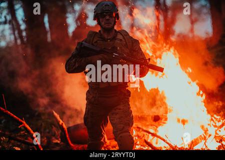 Soldier in Action at Night in the Forest Area. Night Time Military ...