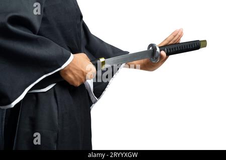 Samurai warrior gripping the sword isolated over white background Stock ...