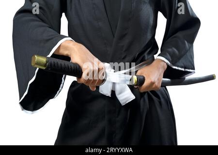 Samurai warrior gripping the sword isolated over white background Stock ...