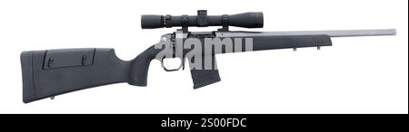 A black fluted rifle barrel with a muzzle brake, isolated on a white ...