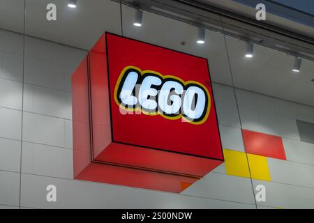 Lego shop, square logo sign above the entrance, Lego manufactures Lego ...