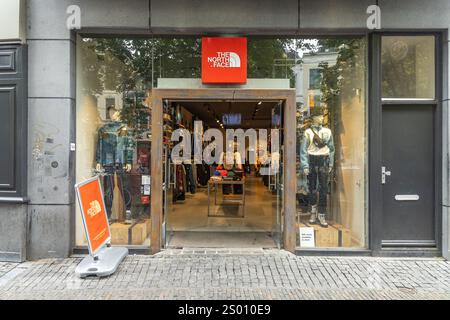 The North Face logo sign above the shop. The North Face produces ...