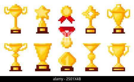 Pixel art gold cups. Retro 8 bit video game style. Winner rewards ...