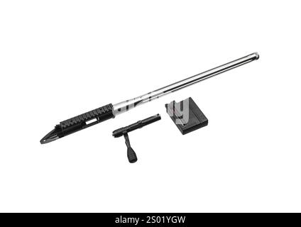 Disassembled rifle bolt-action assembly, including a barrel, bolt, and ...