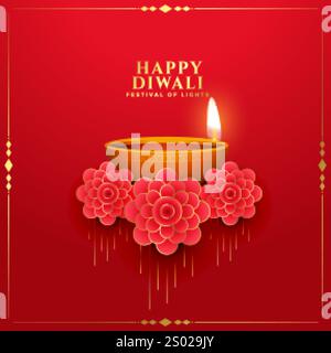 happy diwali red pooja background with realistic diya and flower Stock ...