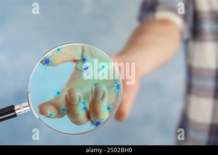 Woman offering hand, closeup. Pathogens transmission, illustration of ...