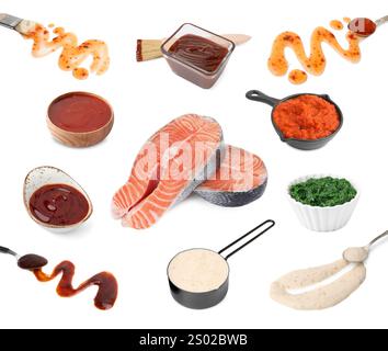 Different types of red fish marinade and salmon steaks on white ...