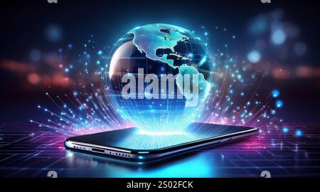 Illuminated world ball coming out of a smartphone, technology ...