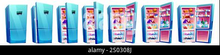 Fridge opening animation sequence showing blue refrigerator full of ...