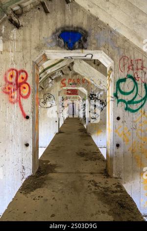A long, narrow tunnel with graffiti on the walls. The graffiti includes ...