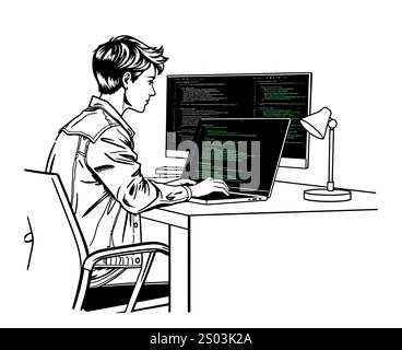 young man at desk with computer Stock Vector Image & Art - Alamy