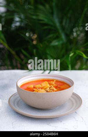 Vibrant red spicy chicken curry with green peppers onions served on ...