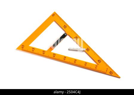 Triangle ruler and chalk isolated on white, top view Stock Photo - Alamy