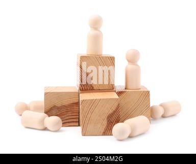 Fallen human figures and wooden blocks on white background. Competition ...