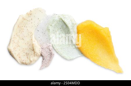 Samples of body scrubs isolated on white, top view Stock Photo - Alamy