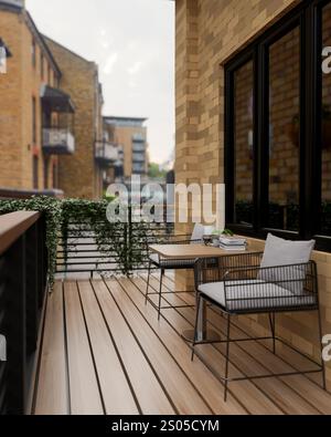 A closeup of a wooden rural building with a terrace and small fir trees ...