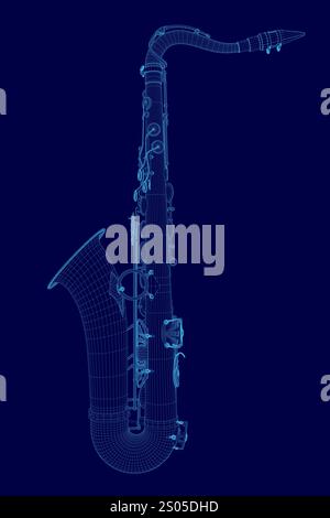 Blue image of a saxophone. The saxophone is shown in a 3D format, with ...
