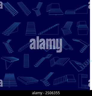 Blue background with many different stair designs. The stair designs ...