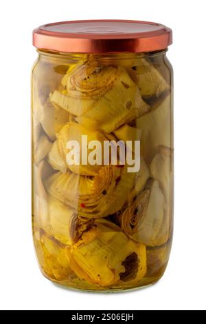 Marinated artichokes in olive oil in a pan. Dark wooden background. Top ...