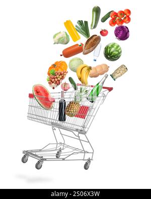 Many different products falling into shopping cart on white background ...