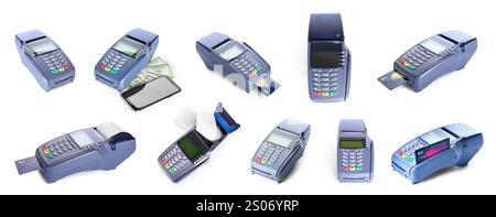 Set of payment terminals on white background Stock Photo - Alamy