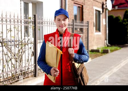 Mailwoman in uniform with envelopes outdoors. Postal service Stock ...