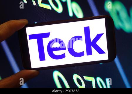 The Teck Resources logo is seen on a podium before the company's ...