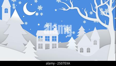 Snowflakes falling over multiple trees icons on winter landscape ...