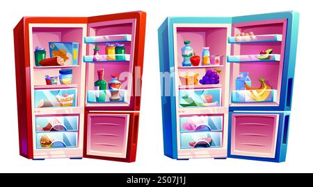 Fridge open view set displaying cartoon kitchen interior. Red and blue ...