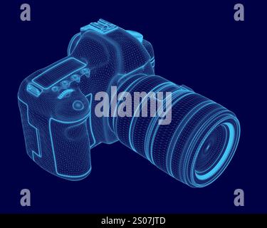 Blue image of a camera lens. The lens is shown in a 3D format, with a ...