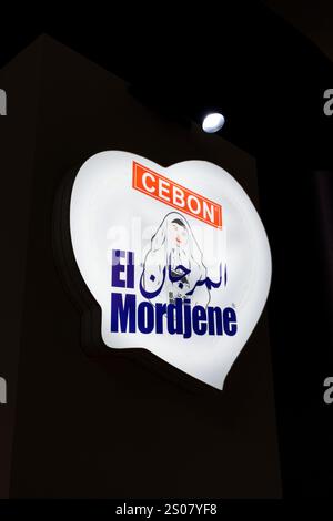 El Mordjene sign at night. Famous Algerian Company Stock Photo - Alamy