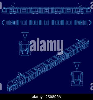 Blue train with a blue background. The train is shown in a 3D drawing ...