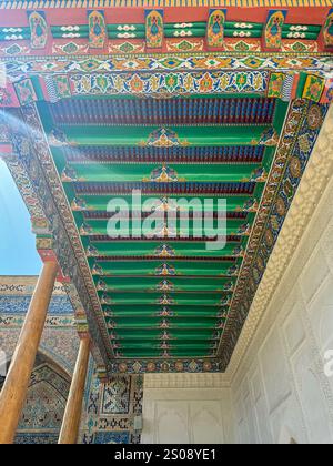 Traditional painted wooden ceiling with intricate patterns in Central ...