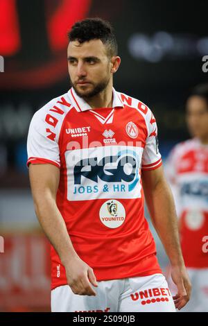 Kortrijk's Billal Billel Messaoudi pictured with the Younited logo a ...
