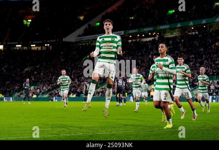 Celtic's Arne Engels celebrates scoring their side's fifth goal of the ...