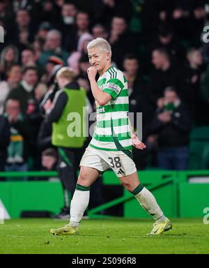 Celtic's Daizen Maeda celebrates scoring with Arne Engels during the ...
