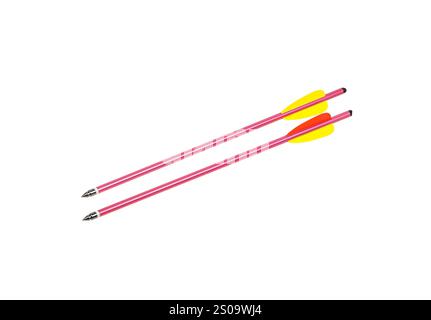 Two archery arrows with bright fletching and a black armguard on white ...