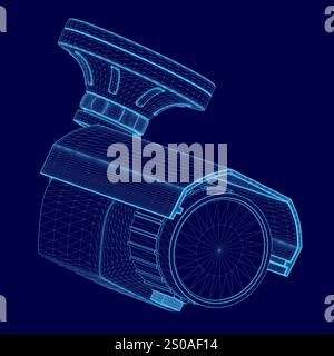 Blue drawing of a CCTV camera lens with a blue background. The lens is ...